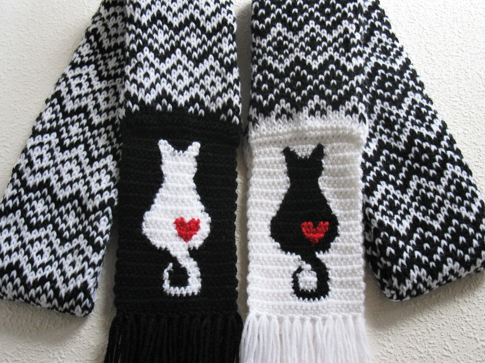 Fair Isle Cat Scarves. Black and white knit scarf with kitties and ...