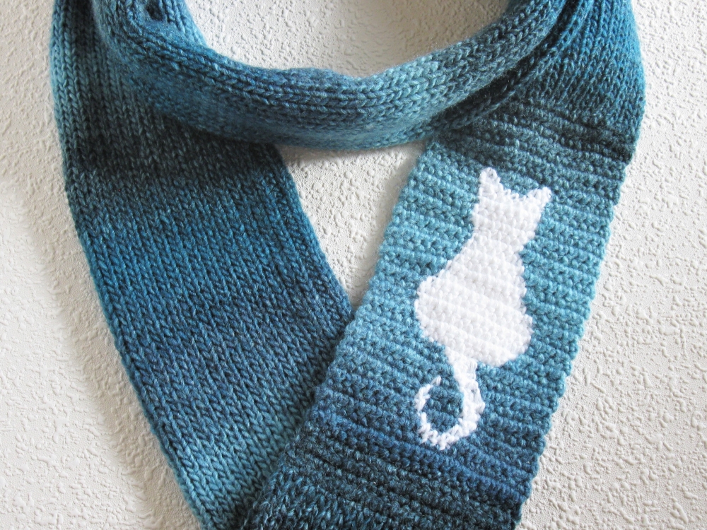 Cat Infinity Scarf. Knit and crochet blue stripes scarf with white ...