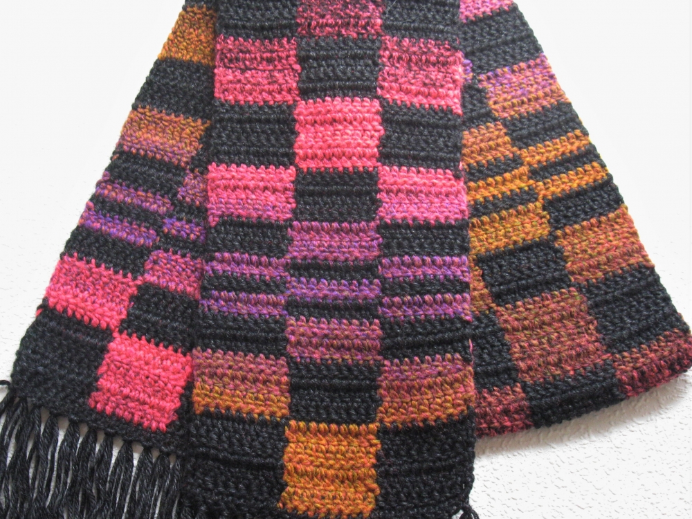 Colorful Checker Scarf. Black, gold, pink and purple crochet checkered ...