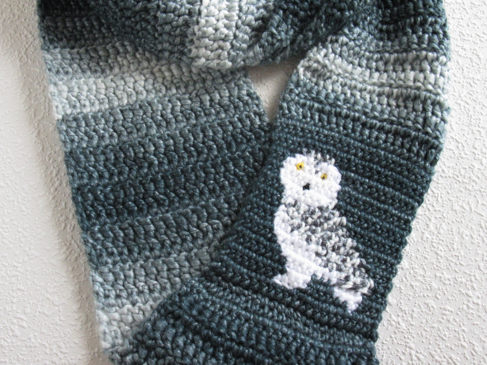 Owl Infinity Scarf. Long denim stripes circle cowl with a white snowy ...