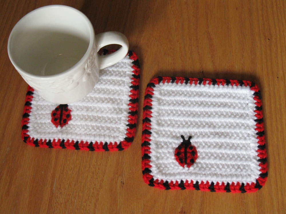 Ladybug Coasters. Large, white mug rugs with red and black Lady Bugs ...