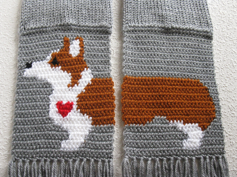 Welsh Corgi Scarf. Gray scarf with a Pembroke corgi dog and small red ...