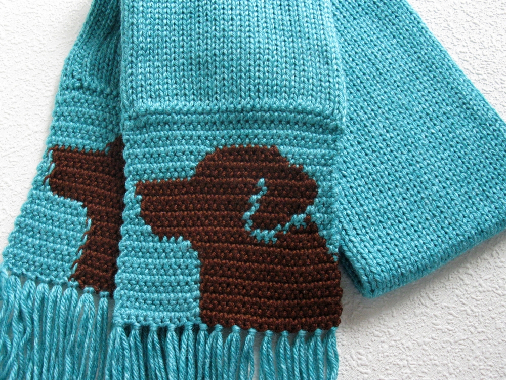 Chocolate Lab Scarf. Turquoise blue crochet and knit scarf with brown ...