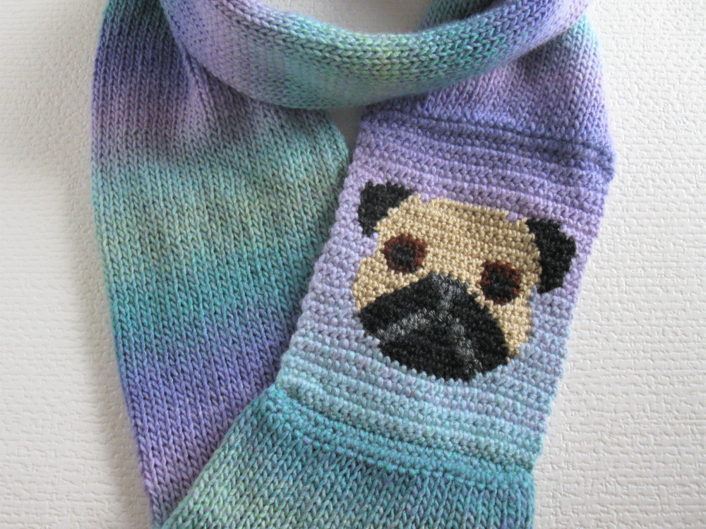 Pug infinity scarf. Colorful stripes, circle cowl with a black and tan ...