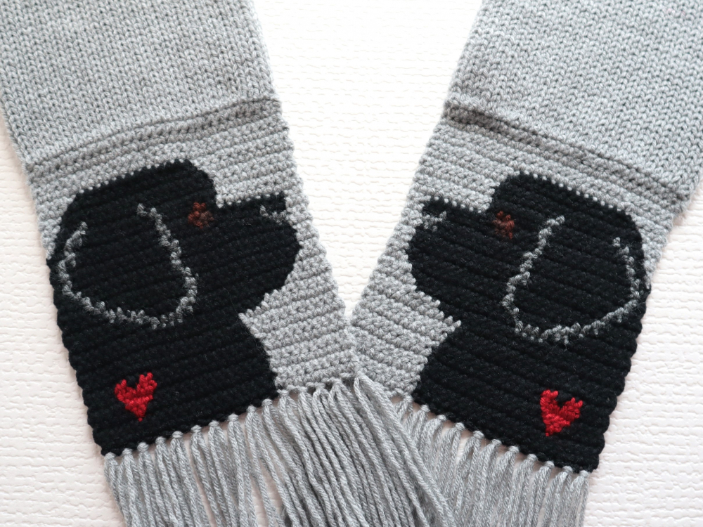 Newfoundland Dog scarf. Handmade, gray scarf with black dogs and small ...